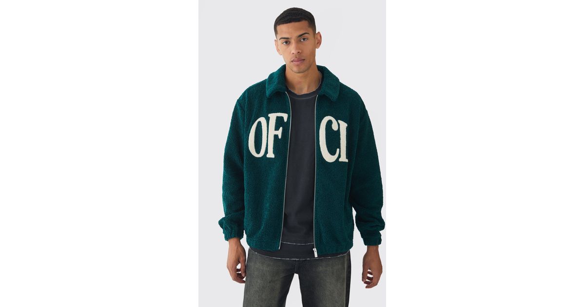 BoohooMAN Oversized Ofcl Boxy Boucle Borg Harrington Jacket in Green ...