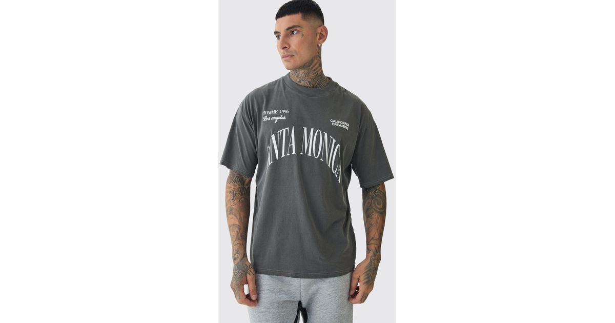 BoohooMAN Tall Oversized Acid Wash Santa Monica Varsity Print T-Shirt in Gray for Men | Lyst