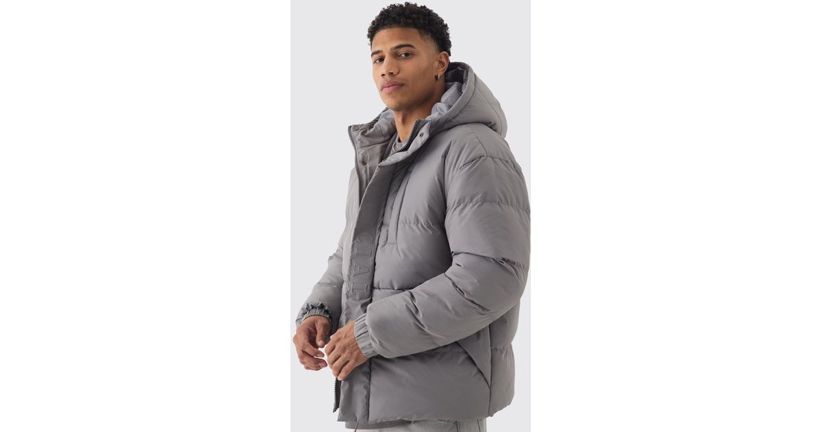 BoohooMAN Official Embossed Hooded Puffer Coat In Charcoal in Gray for ...