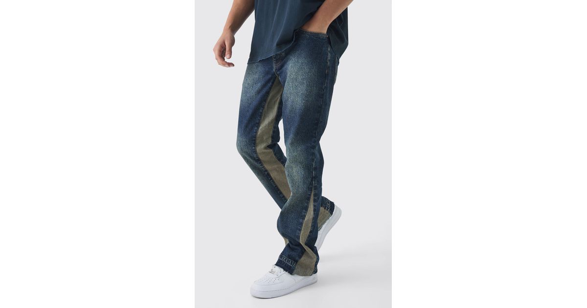 BoohooMAN Slim Rigid Flare Distressed Gusset Panel Acid Washed Denim ...