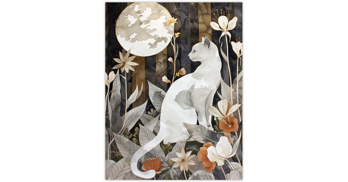 BoohooMAN Artery8 Cat Lover Floral Forest Full Moon Watercolour Wall ...