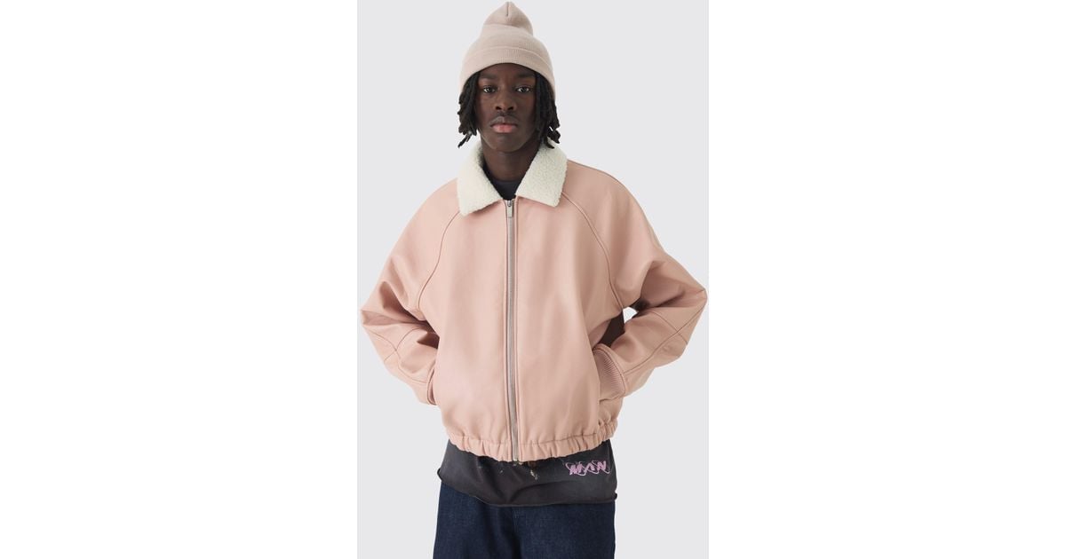 BoohooMAN Oversized Boxy Official Pu Flight Bomber Jacket in Pink for ...