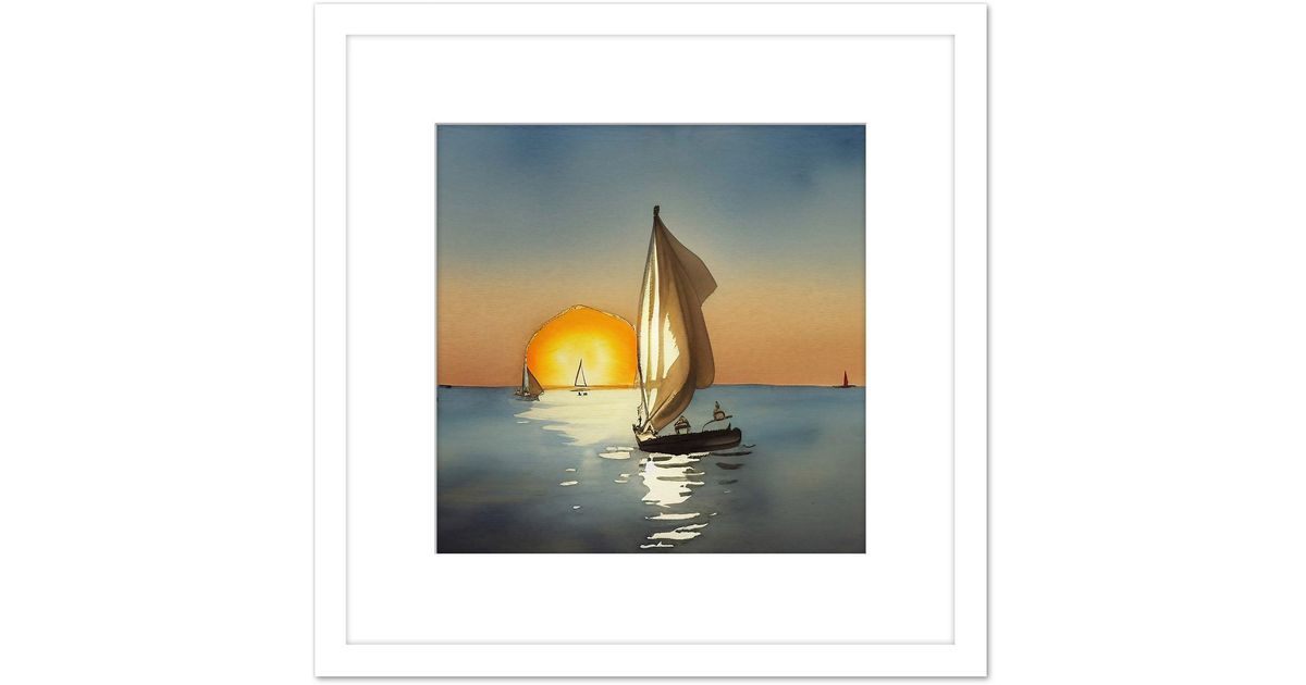 BoohooMAN Artery8 Boats Sailing Calm Sunset Seascape Ocean Watercolour ...