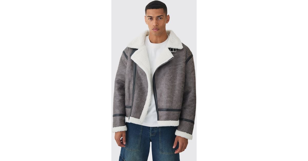 BoohooMAN Biker Borg Aviator Jacket in Gray for Men | Lyst
