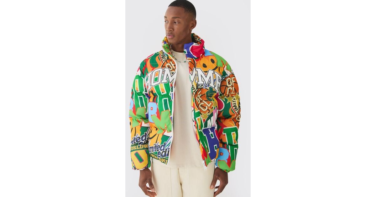 BoohooMAN Homme Printed Funnel Neck Mesh Puffer Coat In Multi for Men ...
