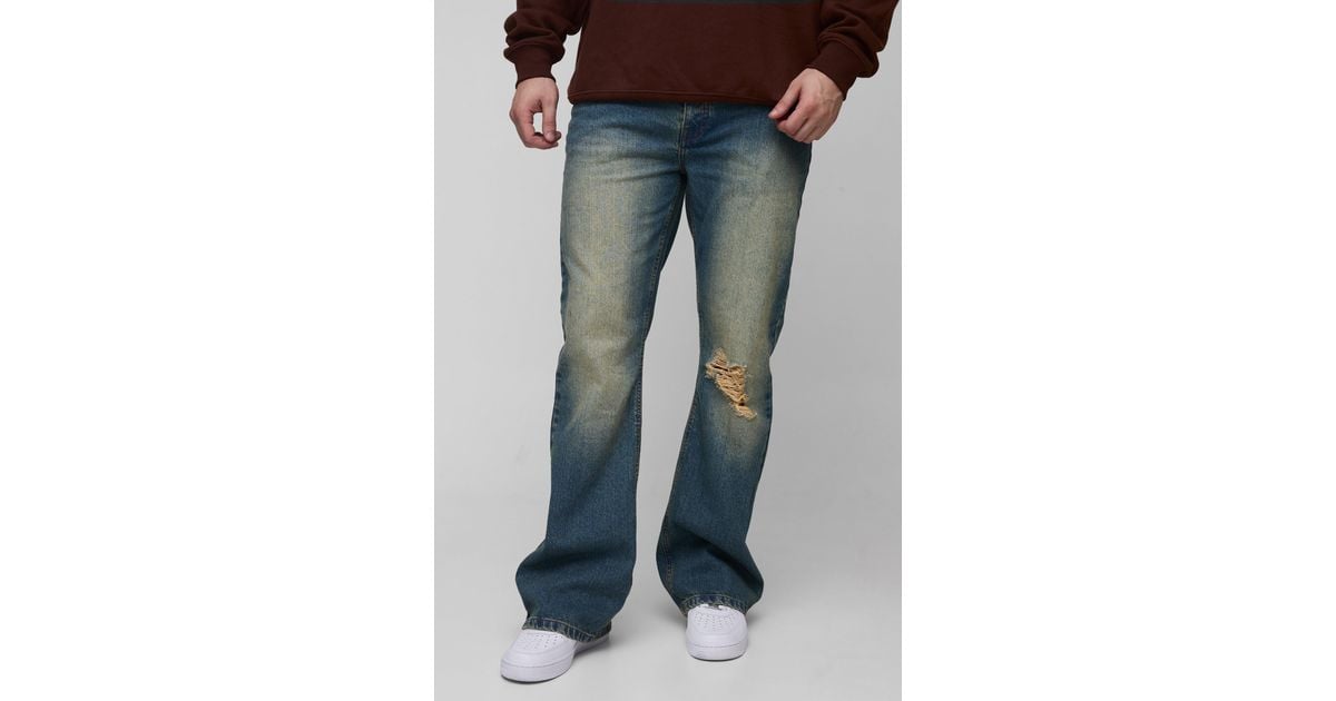 BoohooMAN Tall Tinted Ripped Rigid Flared Jeans in Blue for Men | Lyst