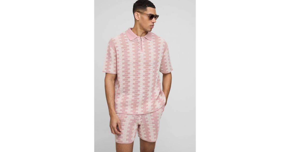 BoohooMAN Oversized Boxy Crochet Look Stripe Shorts Knitted Polo Set in ...
