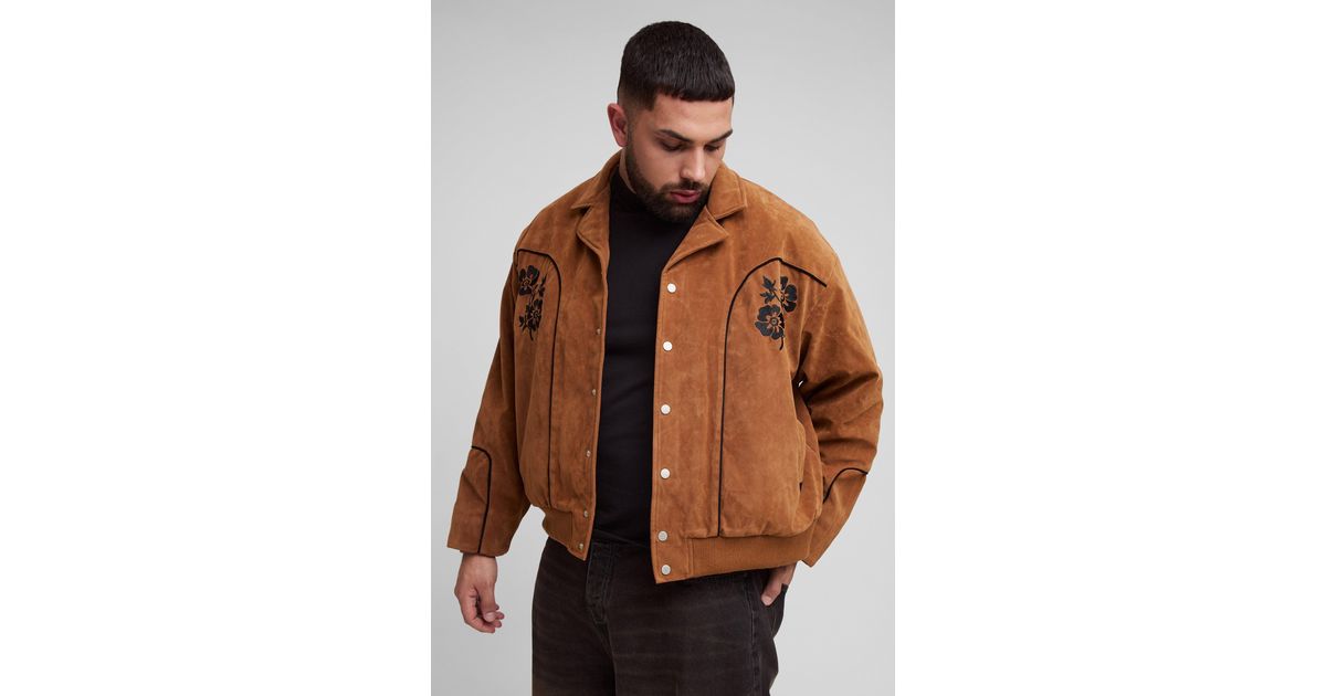 BoohooMAN Plus Faux Suede Embroidered Oversized Boxy Fit Western Jacket ...