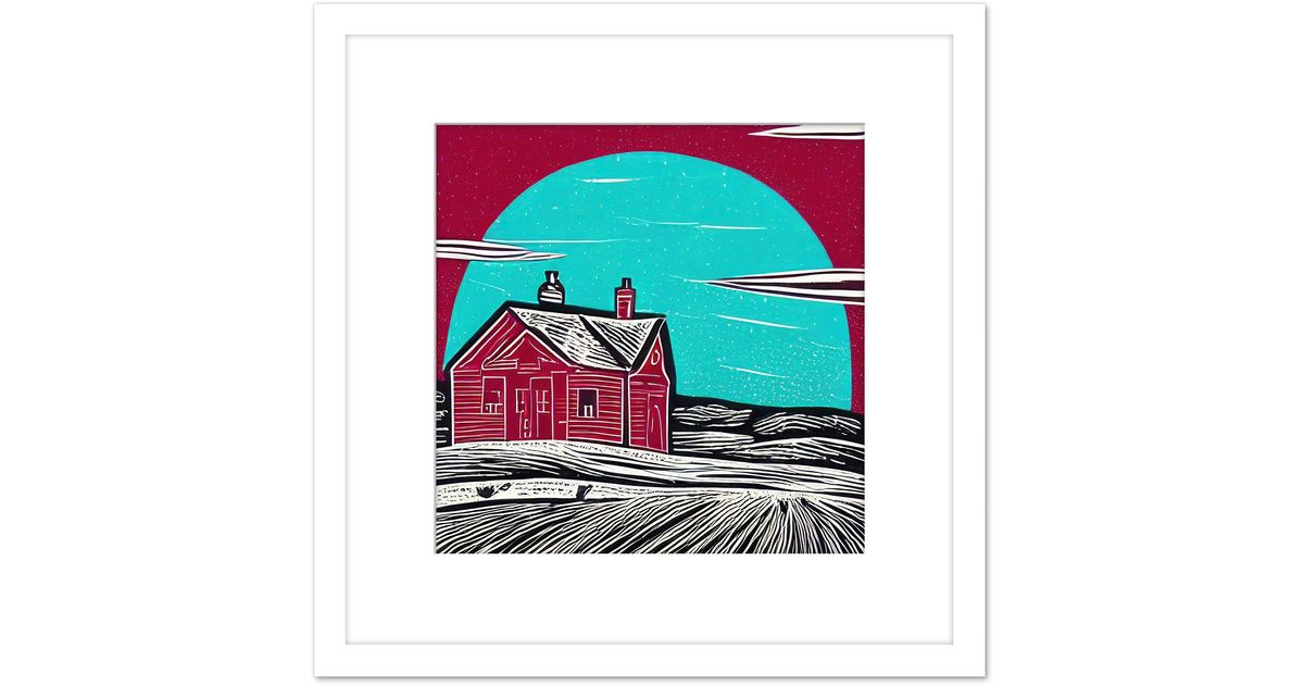 BoohooMAN Artery8 Full Moon Red House Farm Land Ink Stamp Linocut ...