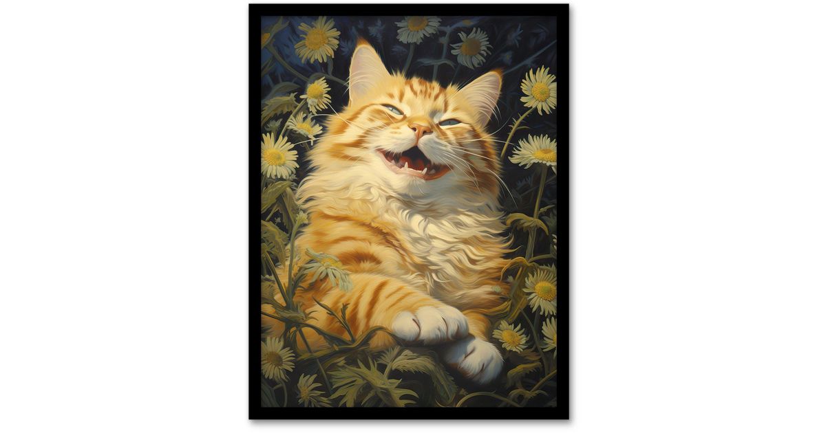 BoohooMAN Artery8 Contented Grinning Ginger Cat Wildflower Meadow Oil ...