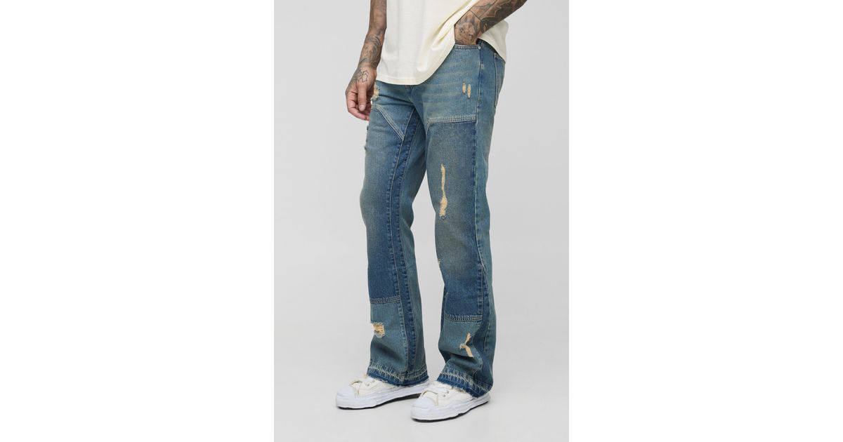 BoohooMAN Tall Slim Rigid Flared Distressed Carpenter Jeans in Blue for ...