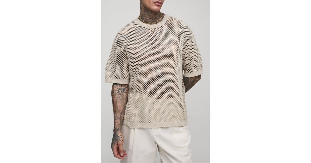 BoohooMAN Tall Fishnet Crochet Oversized T-Shirt in Natural for Men | Lyst