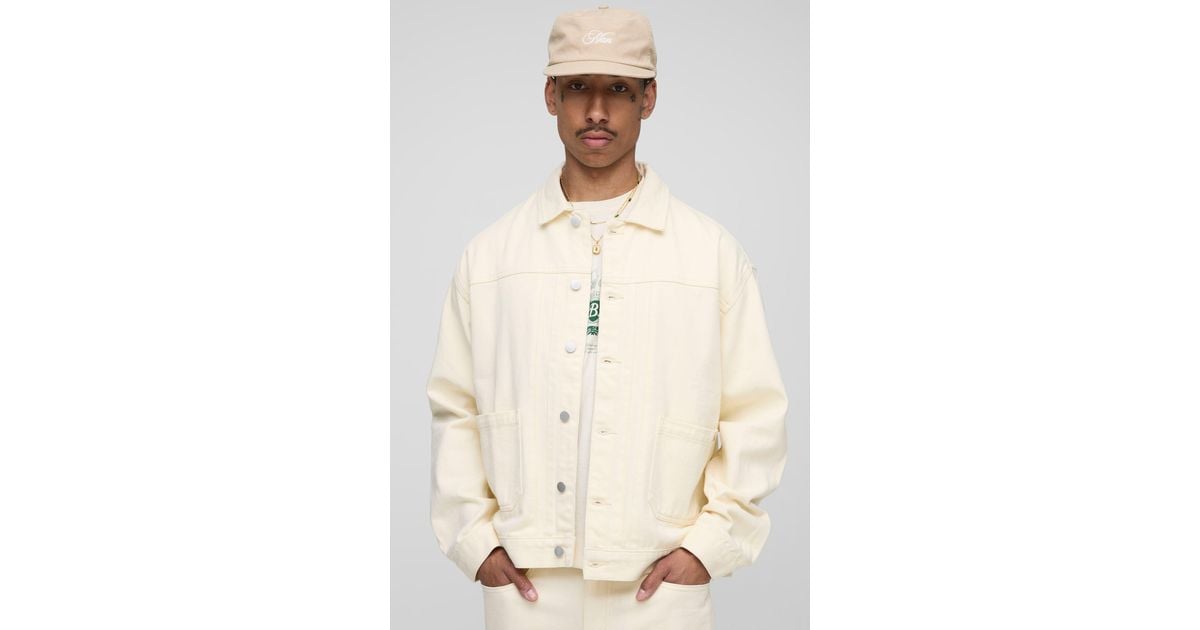 BoohooMAN Oversized Boxy Fit Panelled Denim Harrington Jacket in ...