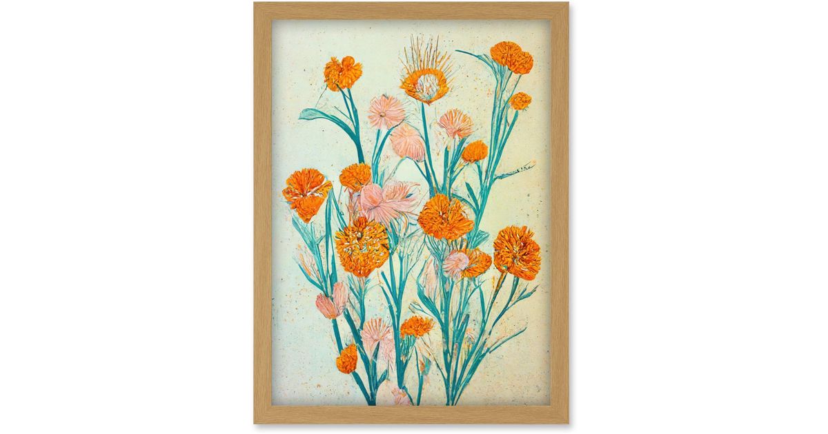BoohooMAN Artery8 Boho Marigold Flowers Teal Orange Painting Artwork ...