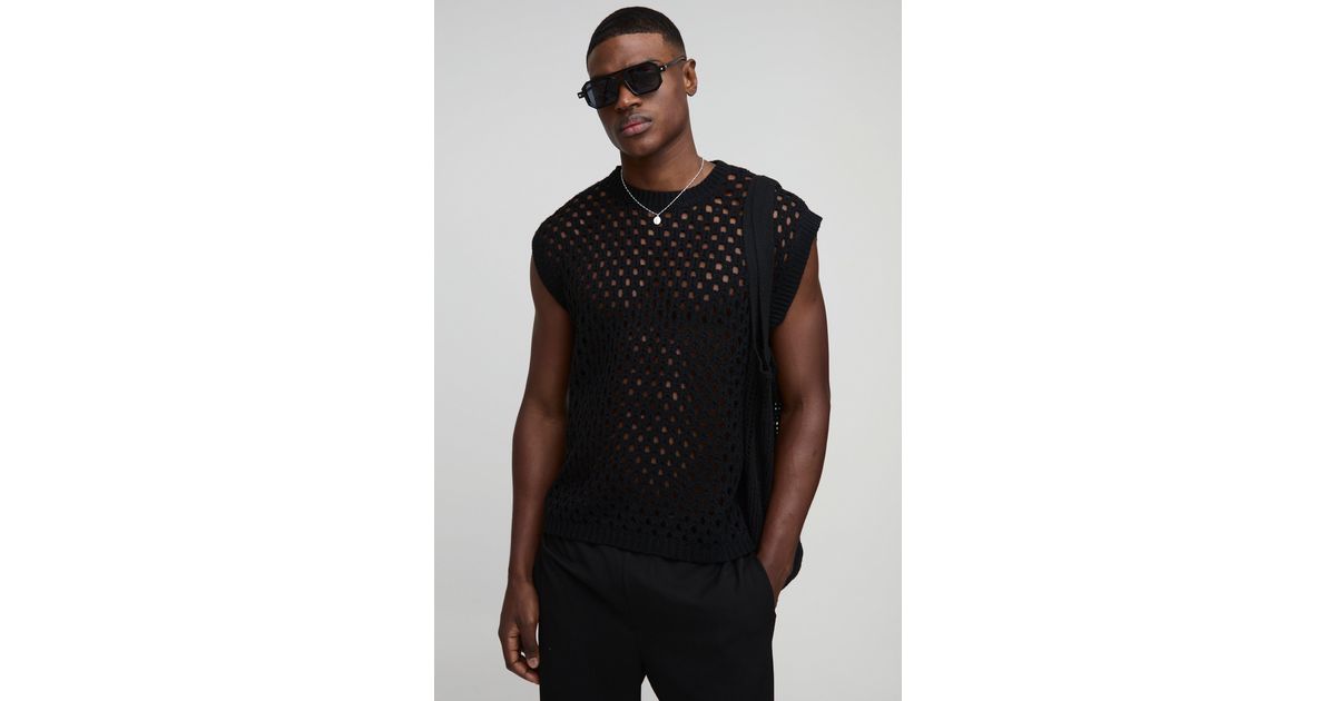 BoohooMAN Oversized Boxy Open Stitch Crew Neck Knitted Vest in Black ...