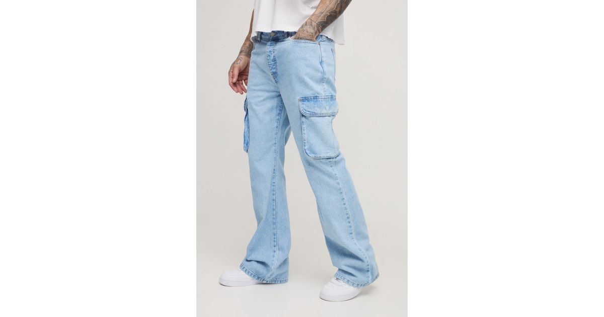 BoohooMAN Tall Relaxed Rigid Flare Cargo Jeans in Blue for Men | Lyst