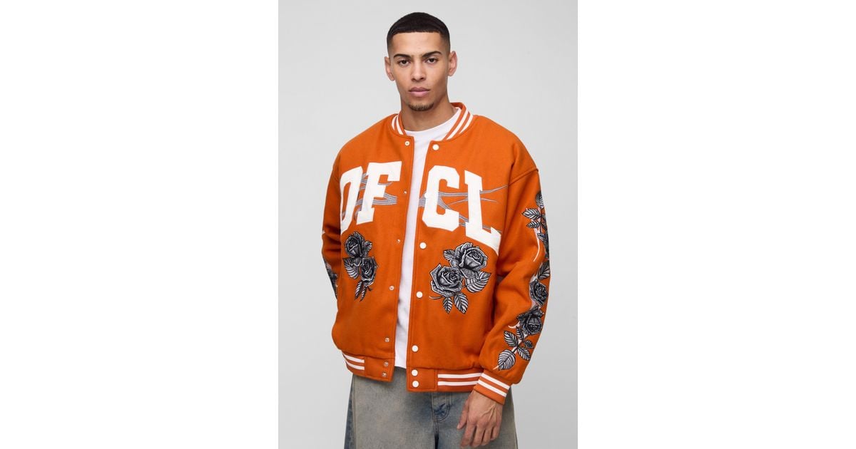 BoohooMAN Oversized Ofcl Rose Varsity Jacket In Orange for Men | Lyst