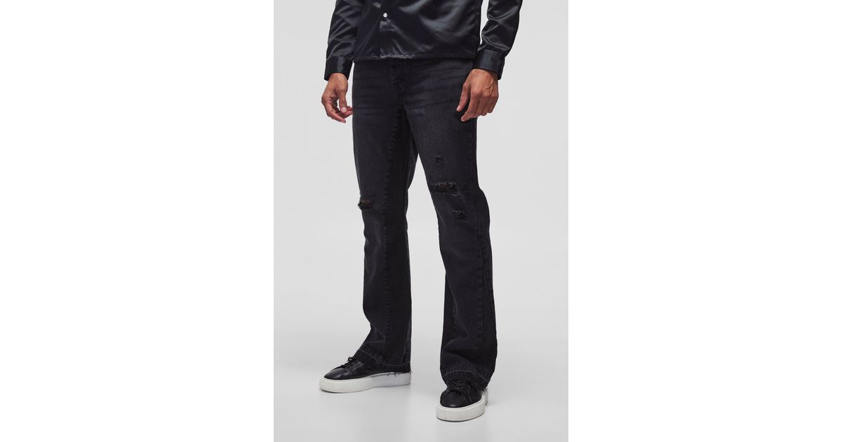 BoohooMAN Slim Rigid Flare Distressed Gusset Panel Acid Washed Denim ...