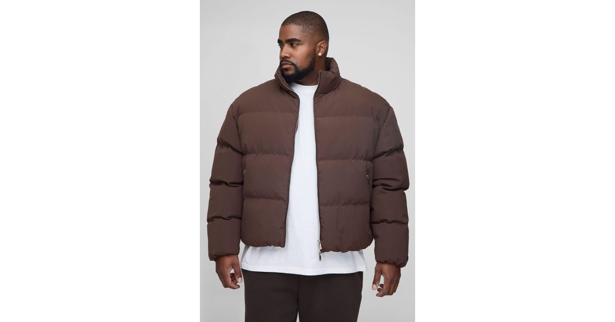 BoohooMAN Plus Boxy Fit Funnel Neck Puffer Coat in Brown for Men | Lyst