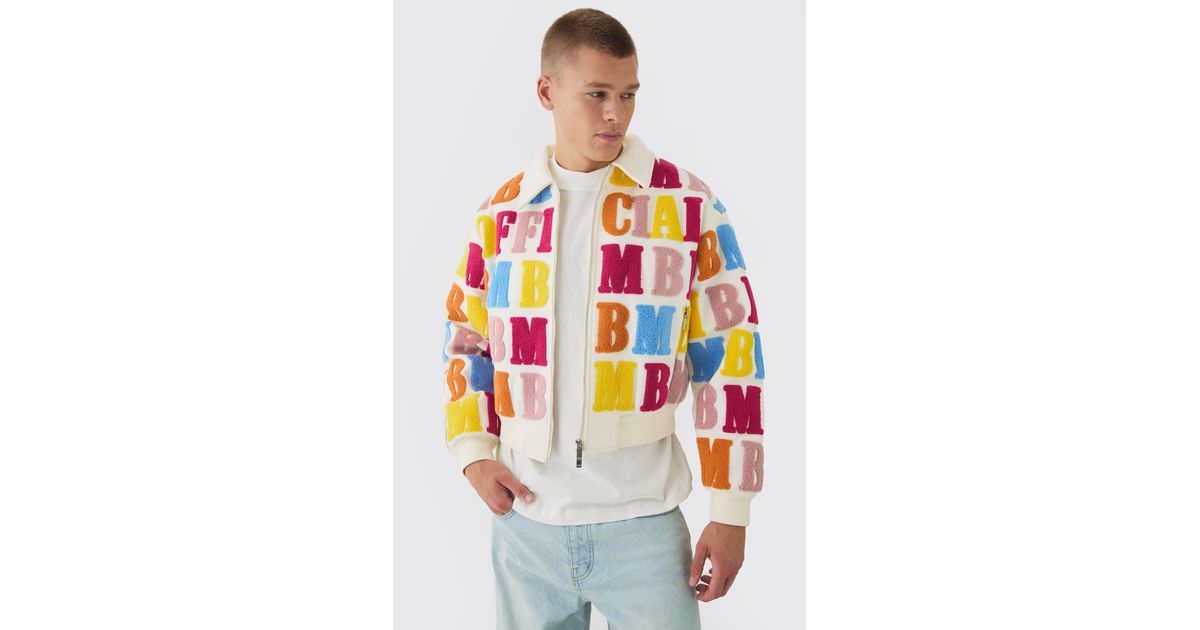BoohooMAN Boxy Letter Badge Collared Varsity Jacket in Gray for Men | Lyst