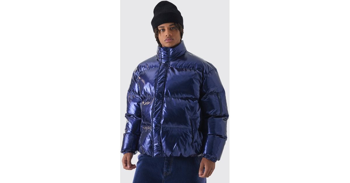 BoohooMAN Oversized Boxy Vinyl Boxy Puffer Jacket in Blue for Men | Lyst