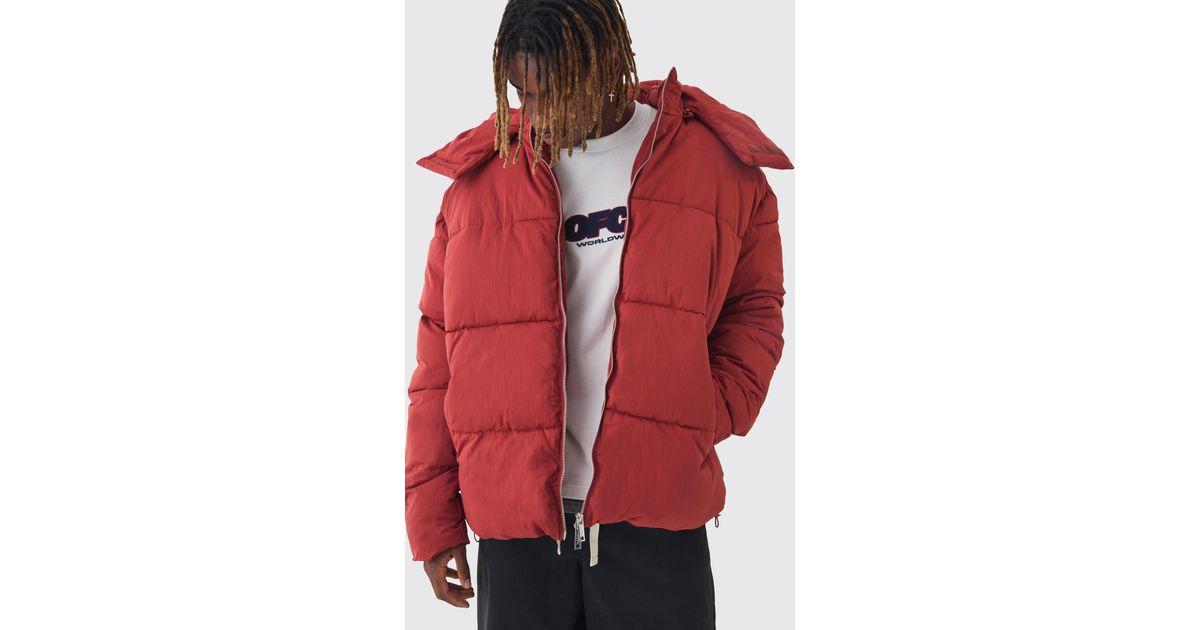 BoohooMAN Tall Extended Funnel Neck Hooded Puffer Jacket In Rust in Red ...