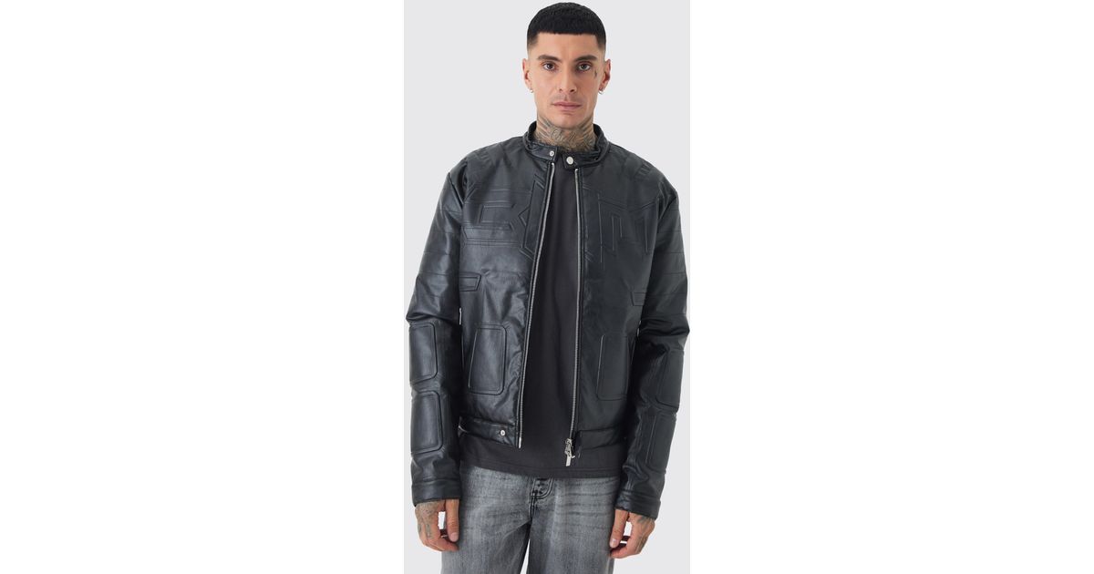 BoohooMAN Tall Boxy Bhm Pu Collarless Moto Biker Jacket In Black in ...