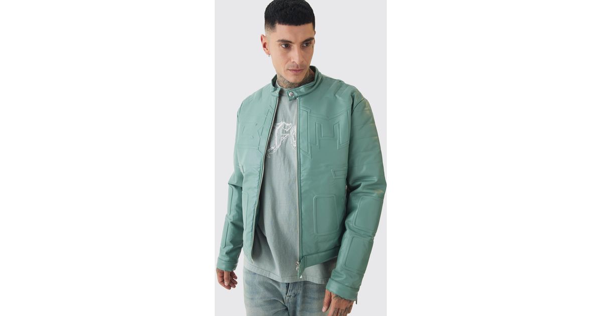 BoohooMAN Tall Boxy Bhm Pu Collarless Moto Biker Jacket in Green for ...