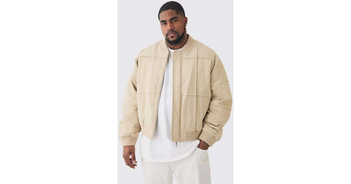 BoohooMAN Plus Boxy Panel Padded Nylon Bomber Jacket In Stone in ...