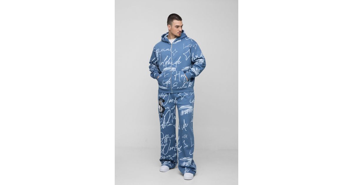 BoohooMAN Tall Oversized Boxy Graffiti Hooded Wide Leg Tracksuit in ...