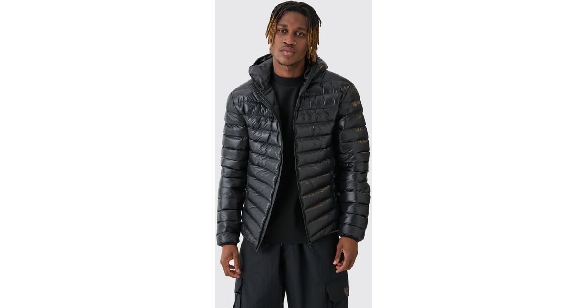 BoohooMAN Tall High Shine Hooded Puffer Jacket In Black for Men | Lyst