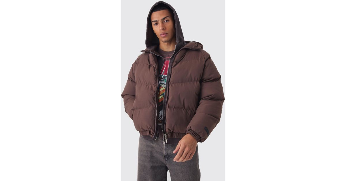 BoohooMAN Man Regular Fit Hooded Puffer Coat In Brown for Men | Lyst