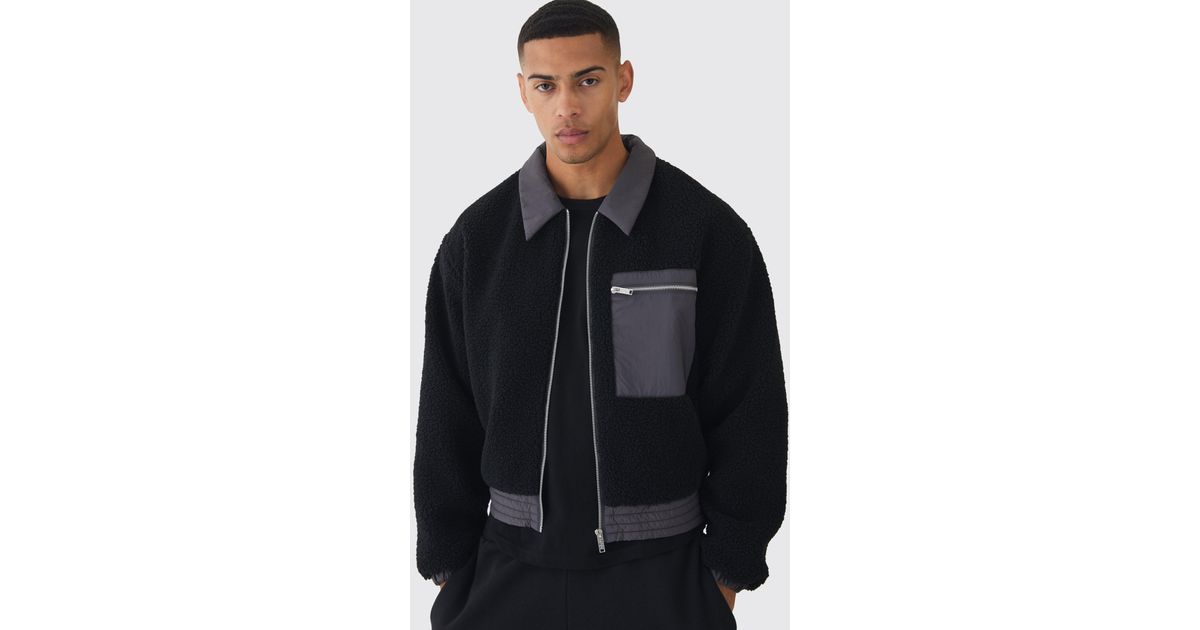 BoohooMAN Boxy Borg And Nylon Collared Bomber Jacket in Black for Men ...