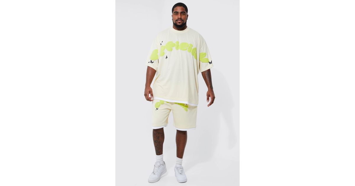 Boohooman Plus Oversized Official Faux Layer T Shirt And Short Set In