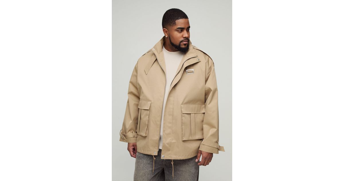 BoohooMAN Plus Oversized Boxy Cargo Trench Coat in Natural for Men | Lyst