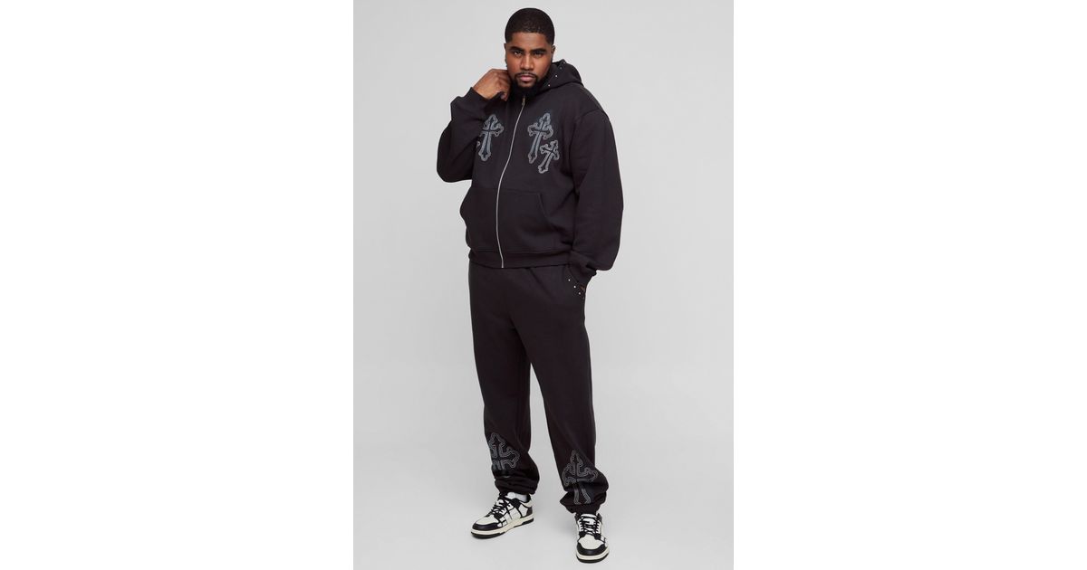 BoohooMAN Tall Oversized Boxy Cross Embroidered Zip Through Hooded ...