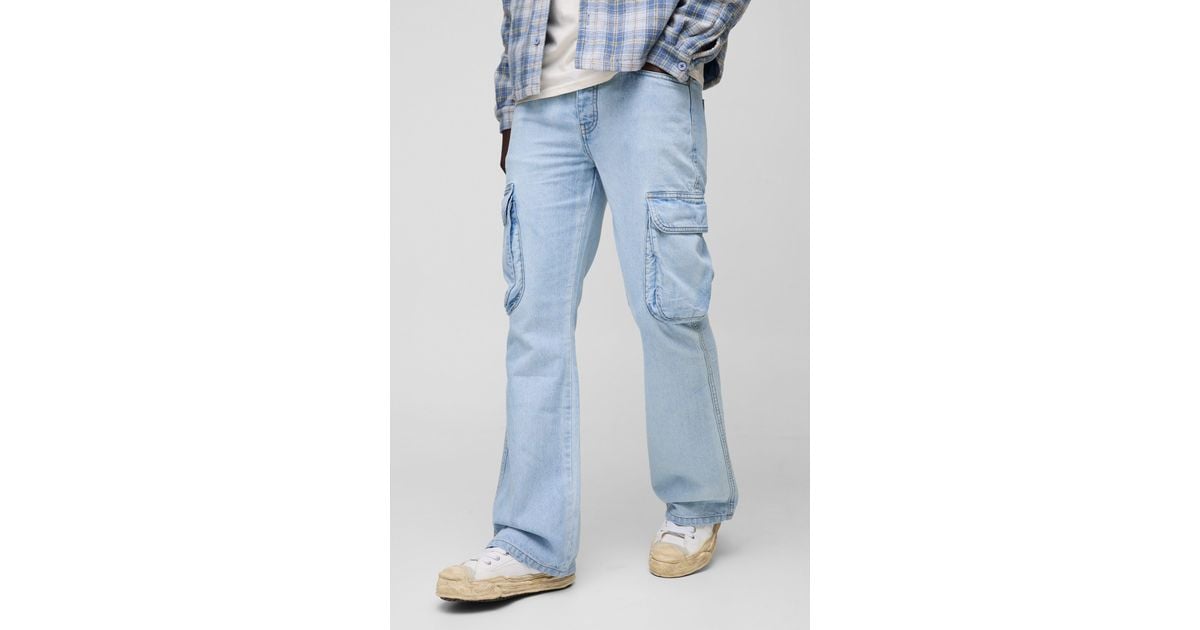 BoohooMAN Relaxed Rigid Flare Cargo Denim Jeans in Blue for Men | Lyst