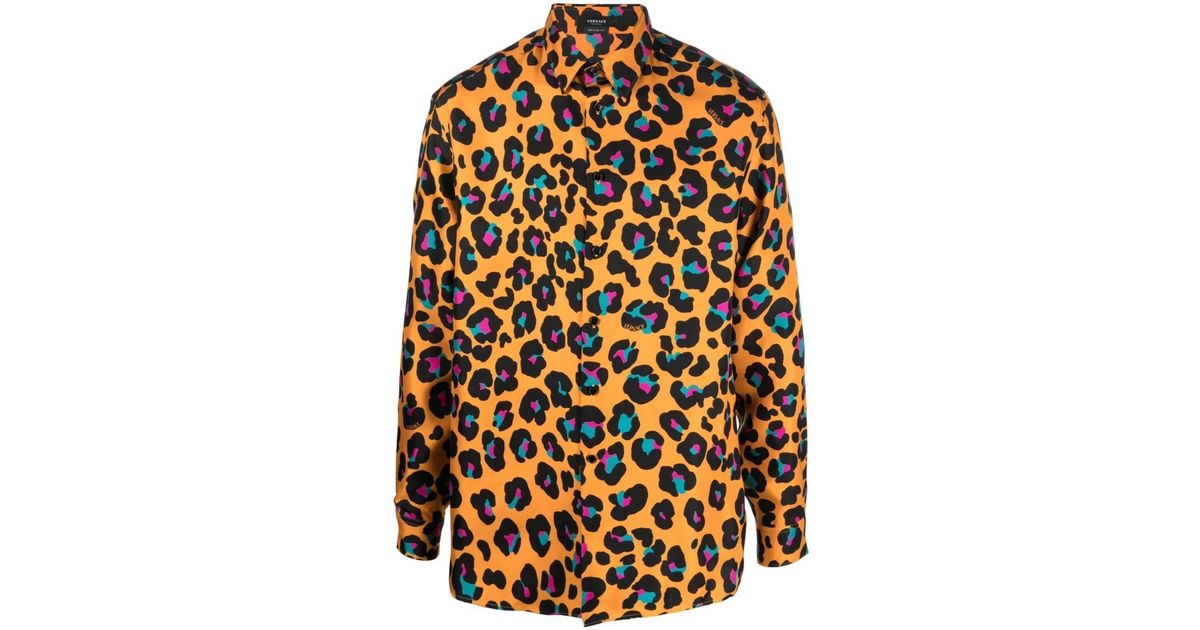 Versace Daisy Leopard Print Silk Shirt in Orange for Men | Lyst
