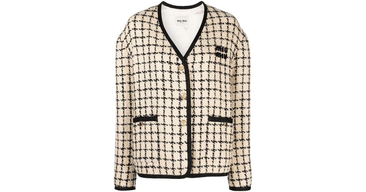 Miu Miu Neutral Checked Tweed Jacket in Black | Lyst UK