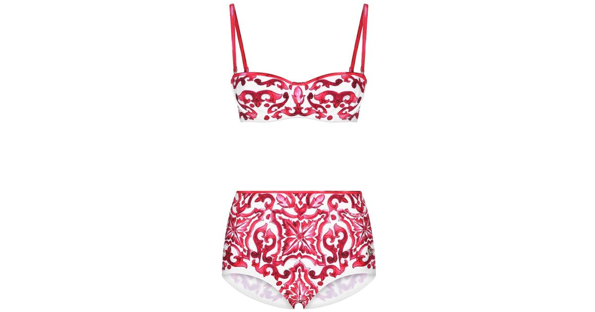 Dolce And Gabbana Majolica Print Balconette Bikini Top And Bottoms In Red