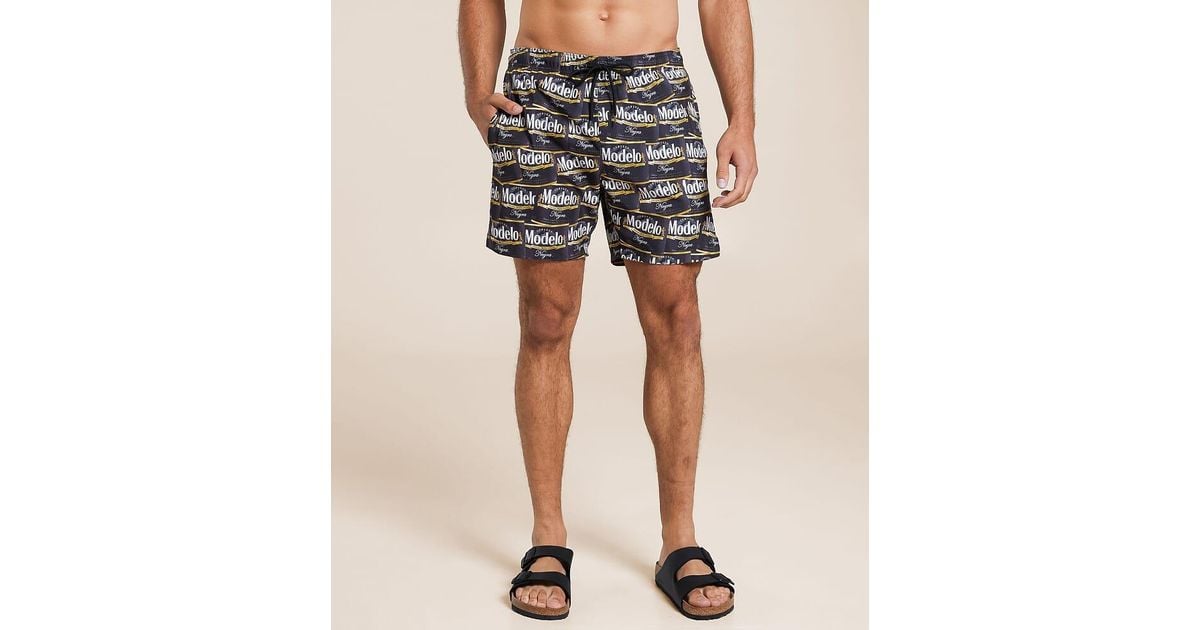 Bioworld Modelo Labels Stretch Swim Trunks in Black for Men | Lyst
