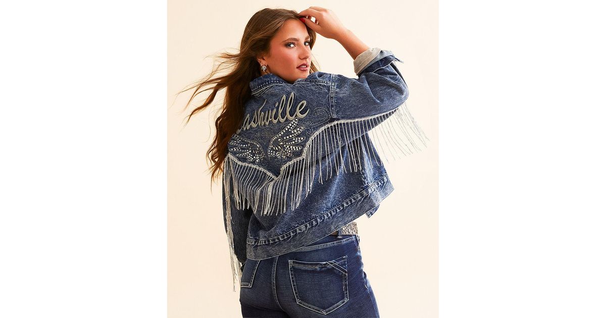 Miss Me Nashville Rhinestone Fringe Denim Jacket in Blue | Lyst