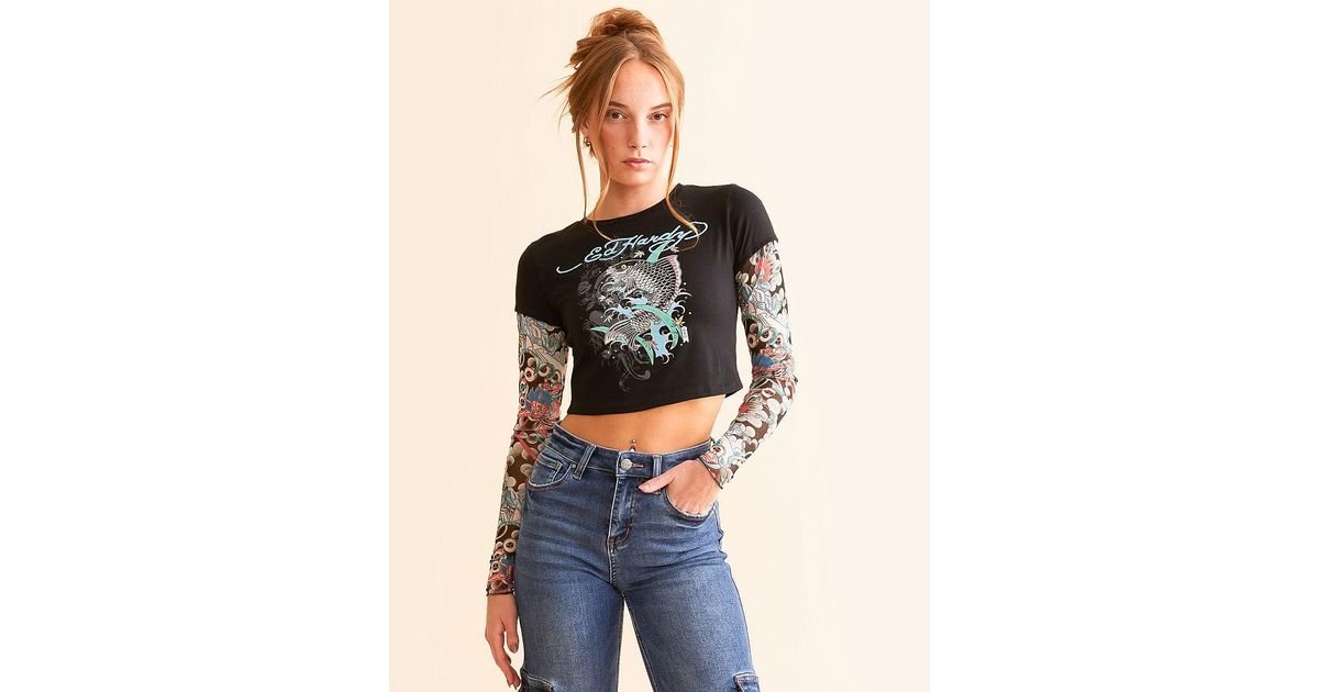 Ed Hardy Koi Fish Baby Cropped T-Shirt in Blue | Lyst
