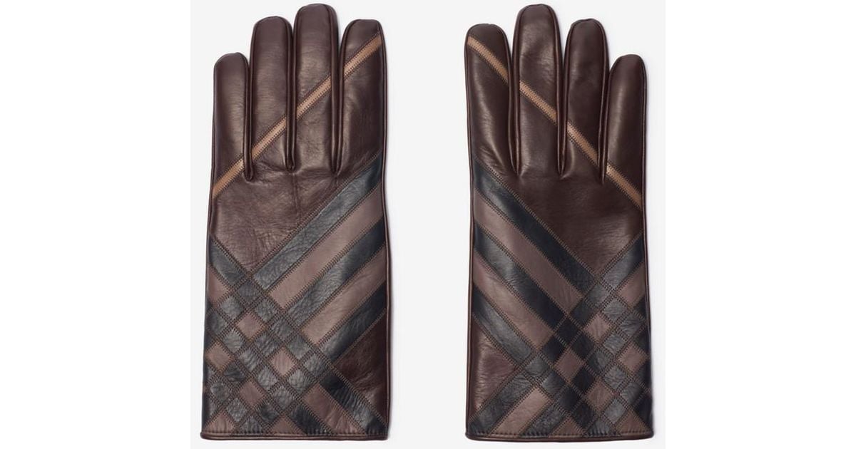 Burberry Check Intarsia Leather Gloves in Brown for Men | Lyst