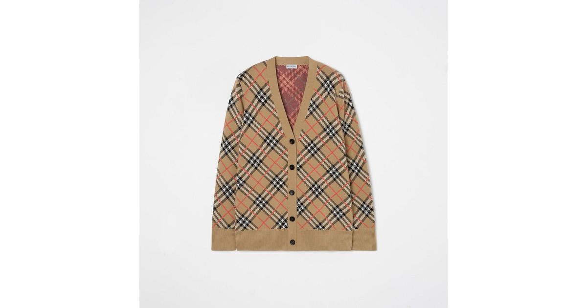 Burberry Check Cotton Wool Cardigan in Natural | Lyst UK
