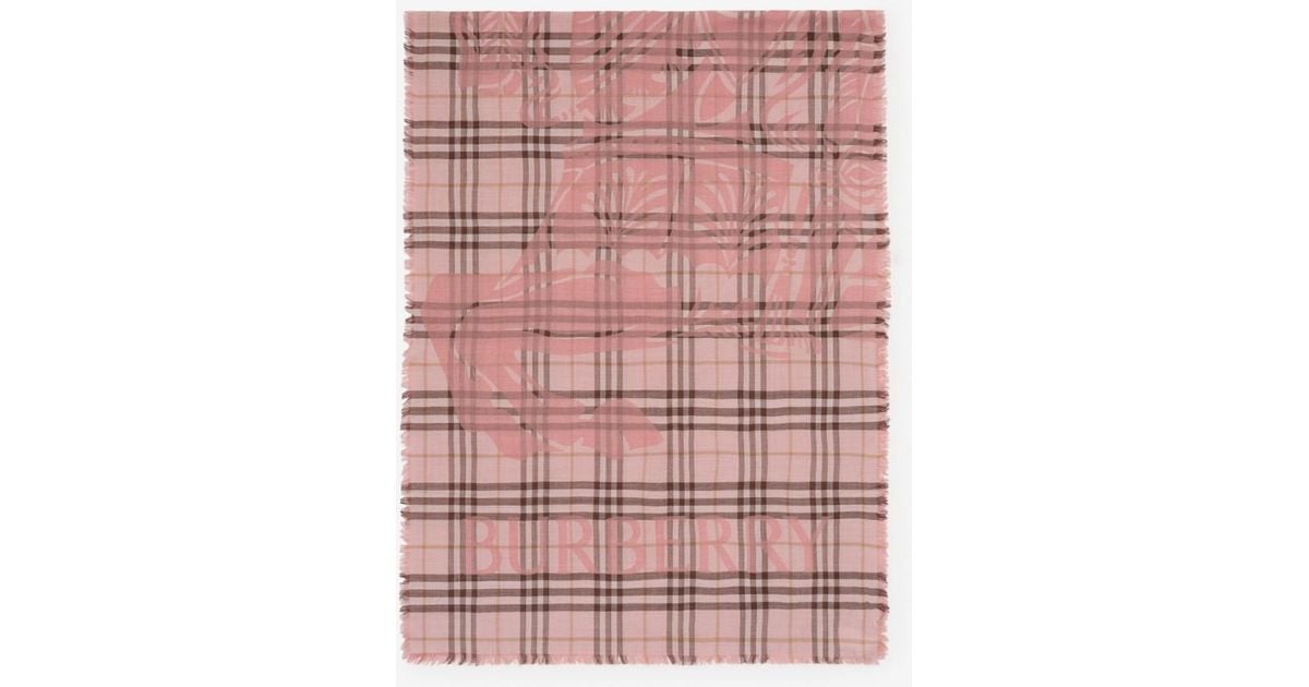 Burberry Wide Ekd Check Wool Silk Scarf in Pink | Lyst UK