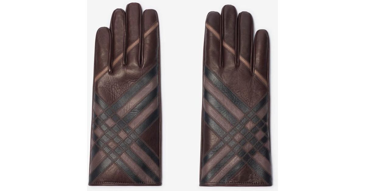 Burberry Check Intarsia Leather Gloves in Brown | Lyst