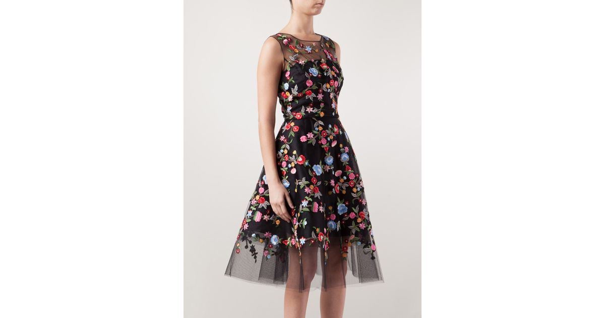 Oscar De La Renta Floral Embroidered Tulle Dress In Black Lyst Uk