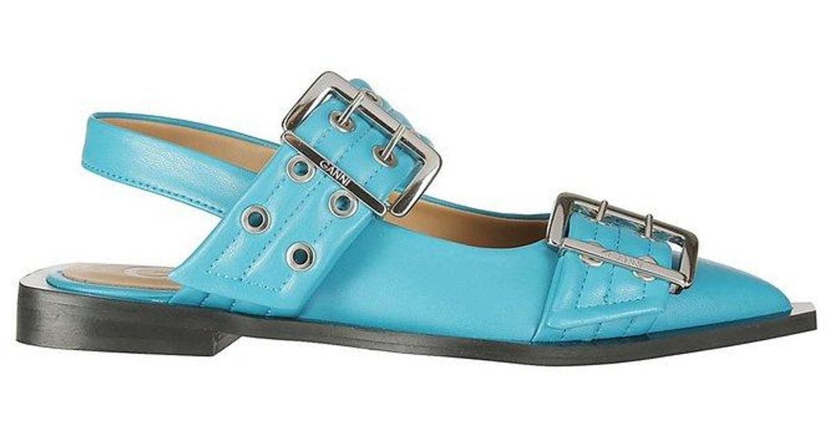 Ganni Pointed Toe Buckle Ballerinas in Blue | Lyst