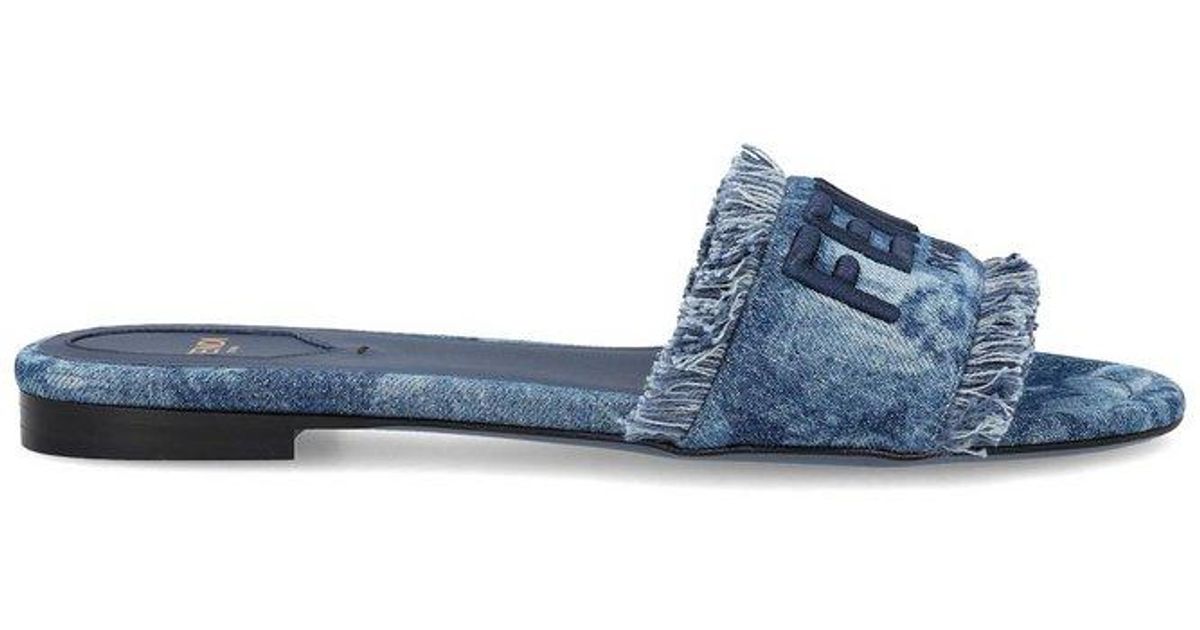 Fendi Sunshine Fringed Denim Slides in Blue | Lyst
